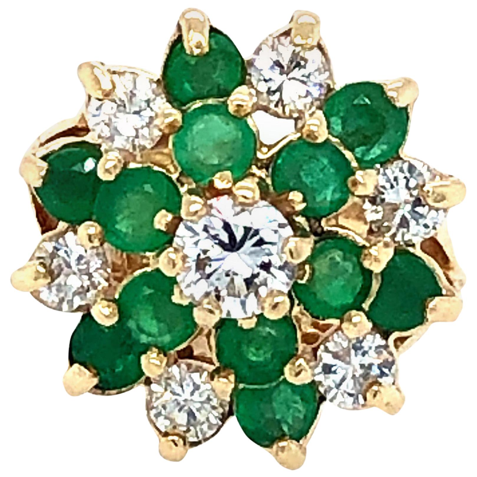 Vintage Emerald and Diamonds Cluster Cocktail Ring in 14 Karat Yellow ...