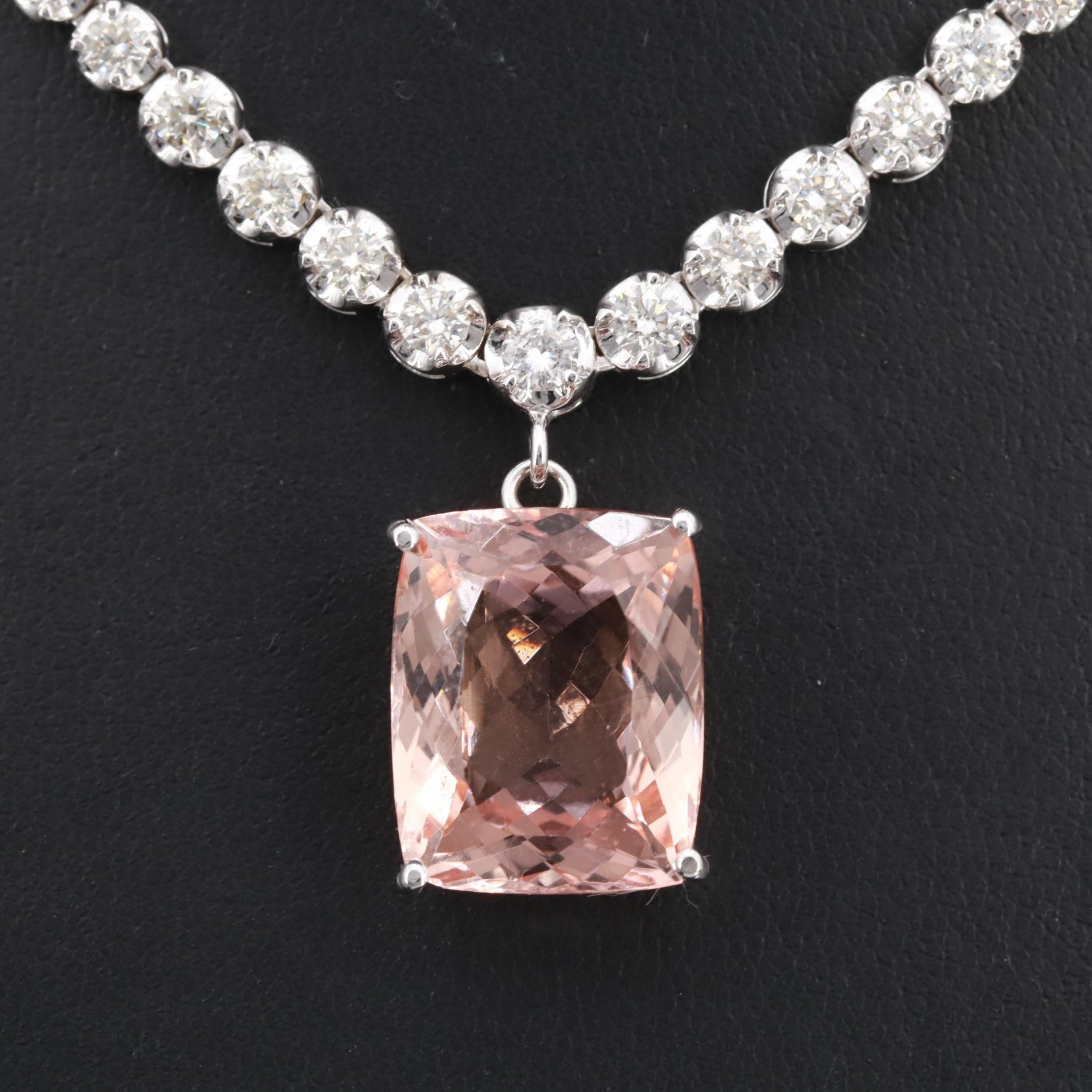 Vintage Emerald Cut Morganite Diamonds Pendant Necklace For Sale at 1stDibs
