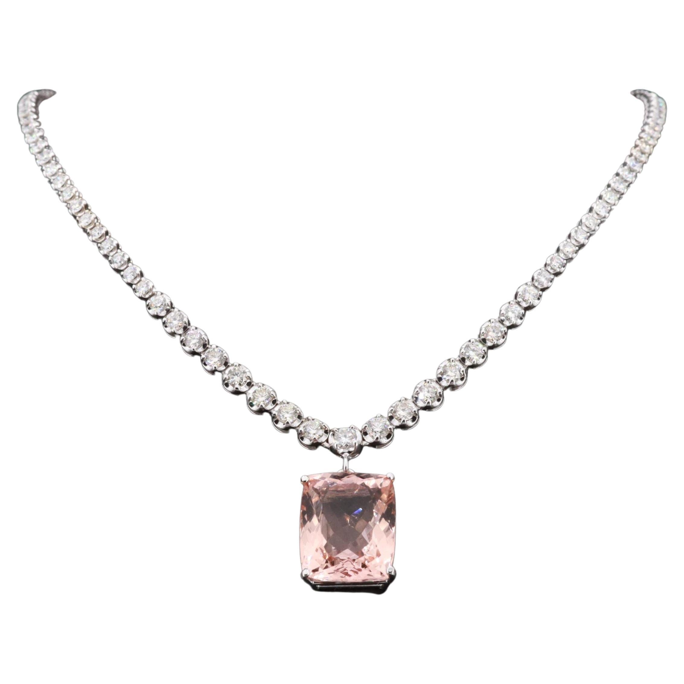 Vintage Emerald Cut Morganite Diamonds Pendant Necklace For Sale at 1stDibs
