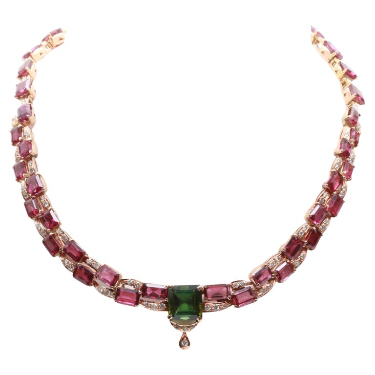 Vintage Emerald Cut Tourmaline Garnet Diamonds Necklace For Sale at 1stDibs