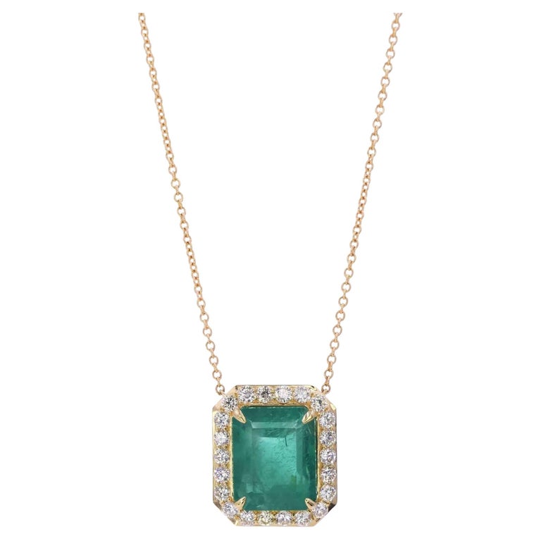 Rectangle Emerald Diamond Halo 18 Karat Yellow Gold Amulet Pendant Gem ...