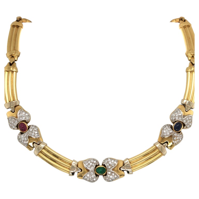 Vintage Emerald Sapphire Ruby Yellow Gold Necklace with Diamonds 18 ...