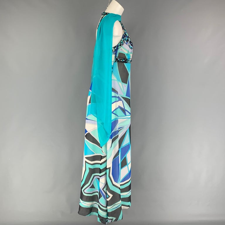 Vintage EMILIO PUCCI Size 10 Turquoise White Silk Abstract Sleeveless ...