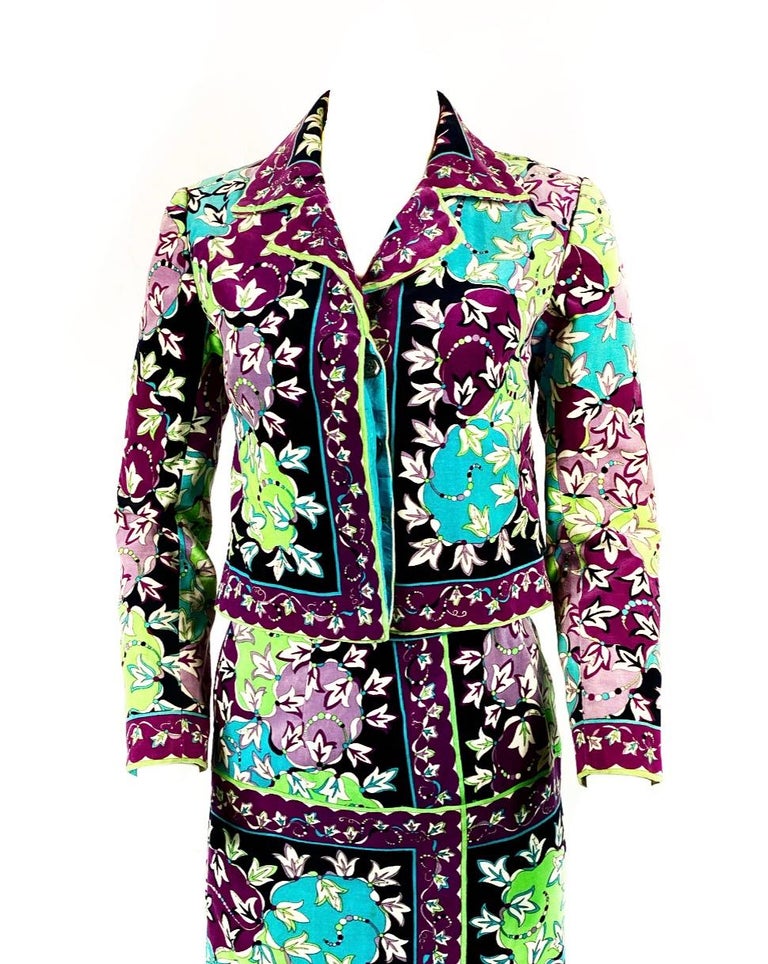 Vintage EMILIO PUCCI Velvet Floral Multi Color Jacket and Maxi Skirt ...