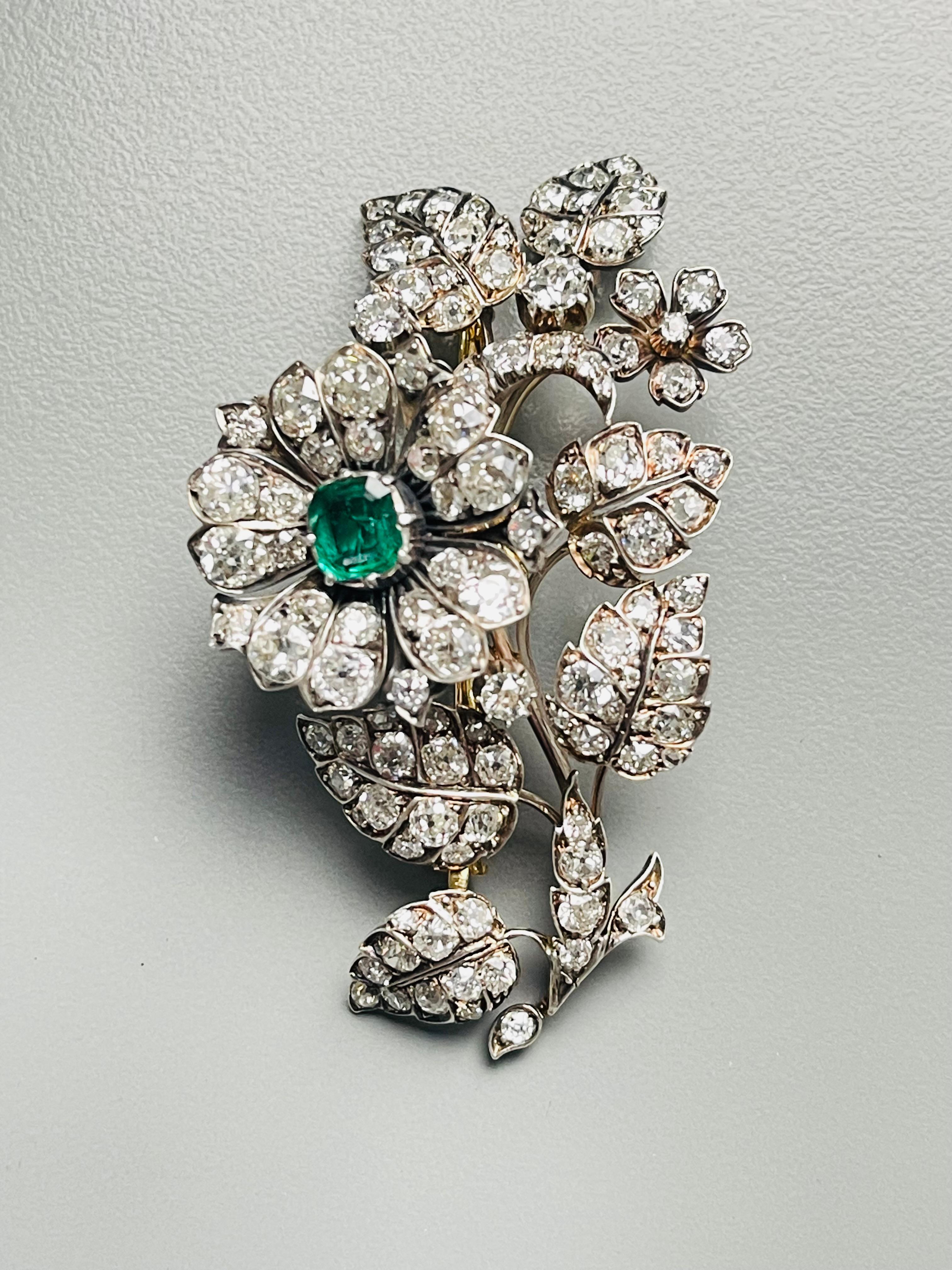Vintage En Tremblant Old Mine Cut Diamond And Columbian Emerald Brooch ...