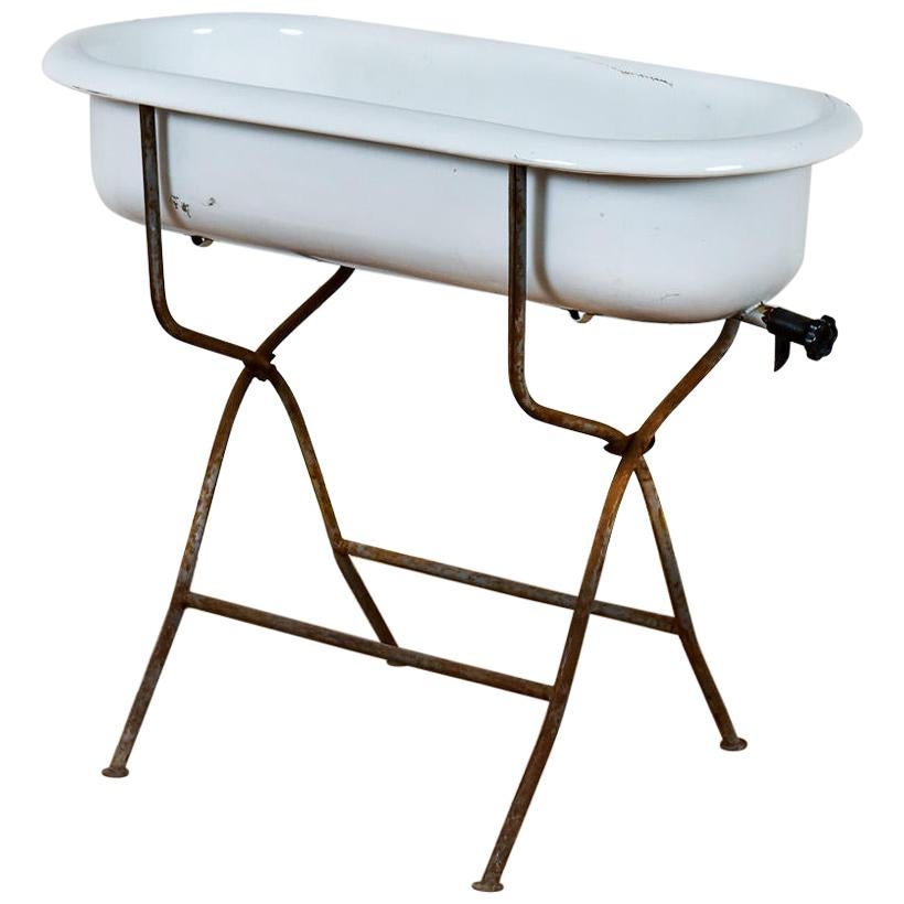 Vintage Enamel Bath on a Metal Stand, 20th Century For Sale at 1stDibs