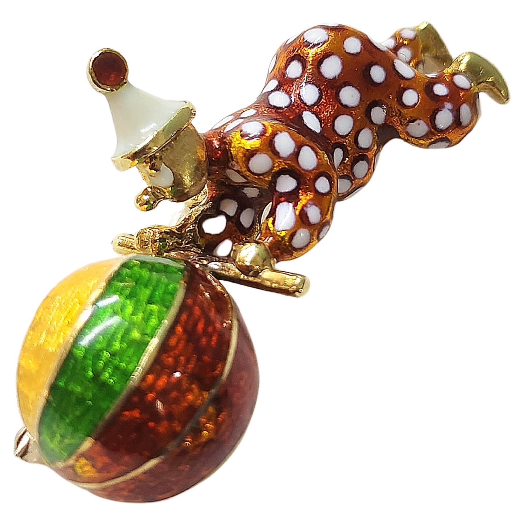 Vintage Enamel Clown Gold Brooch For Sale at 1stDibs