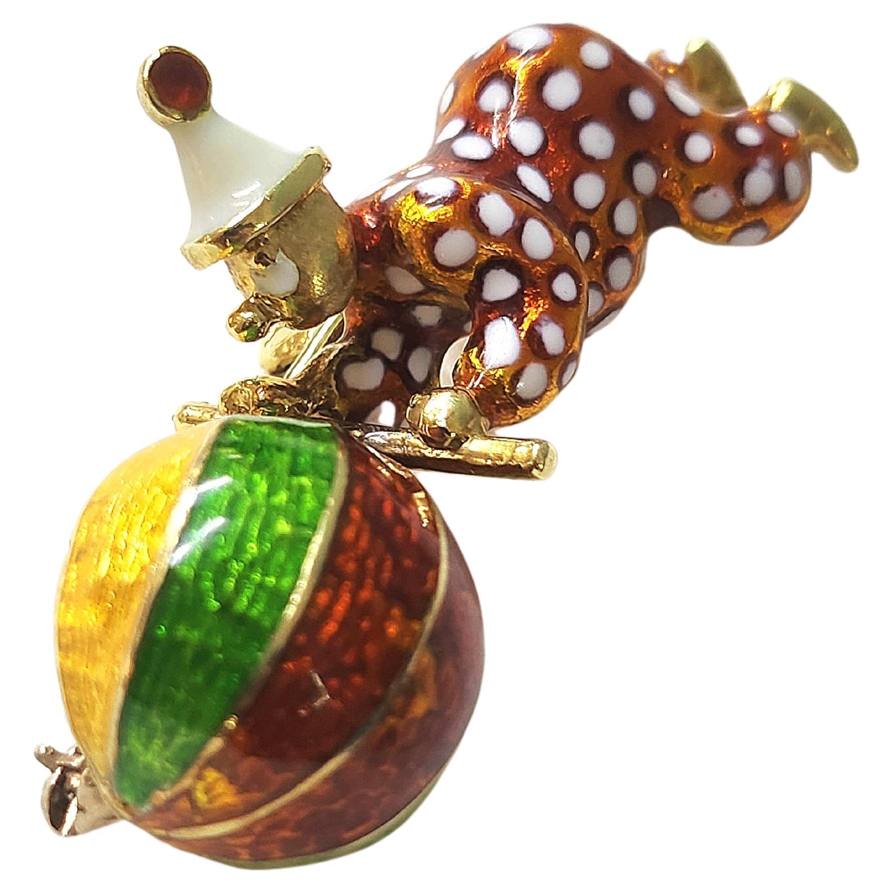 Vintage Enamel Clown Gold Brooch For Sale at 1stDibs