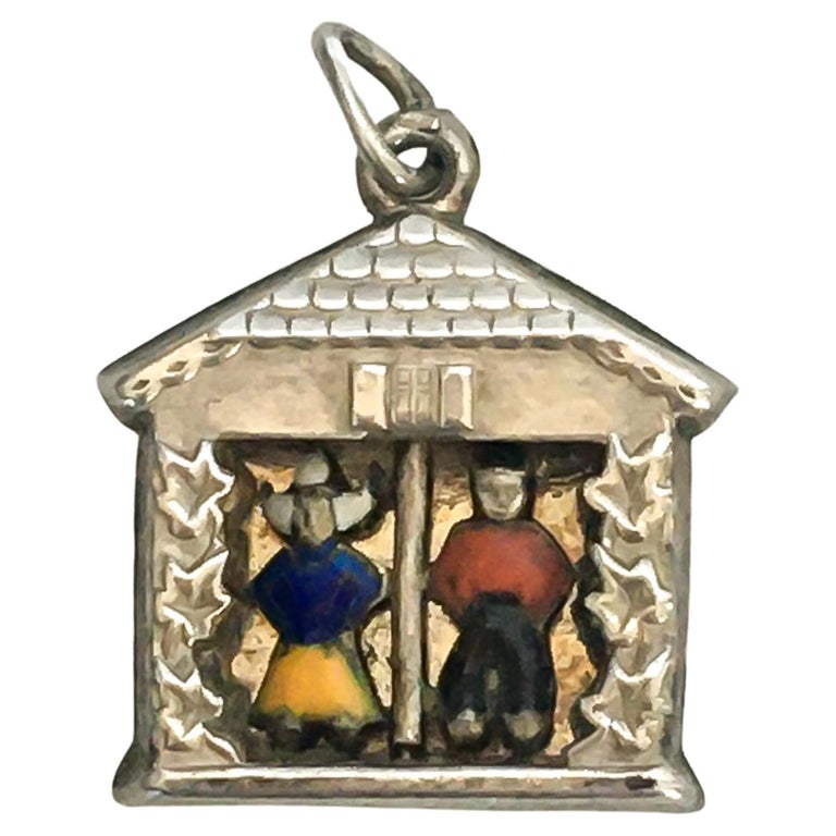 Vintage Enamel Dutch Weather House Silver Charm Pendant For Sale at 1stDibs