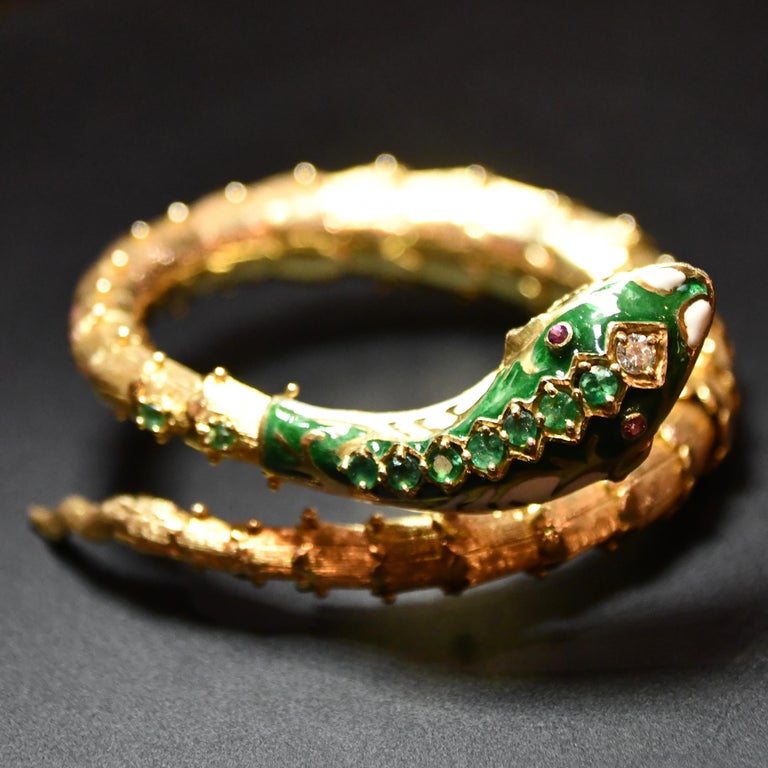 Vintage Enamel and Gold Snake Flexible Bangle, Diamonds and Emeralds ...