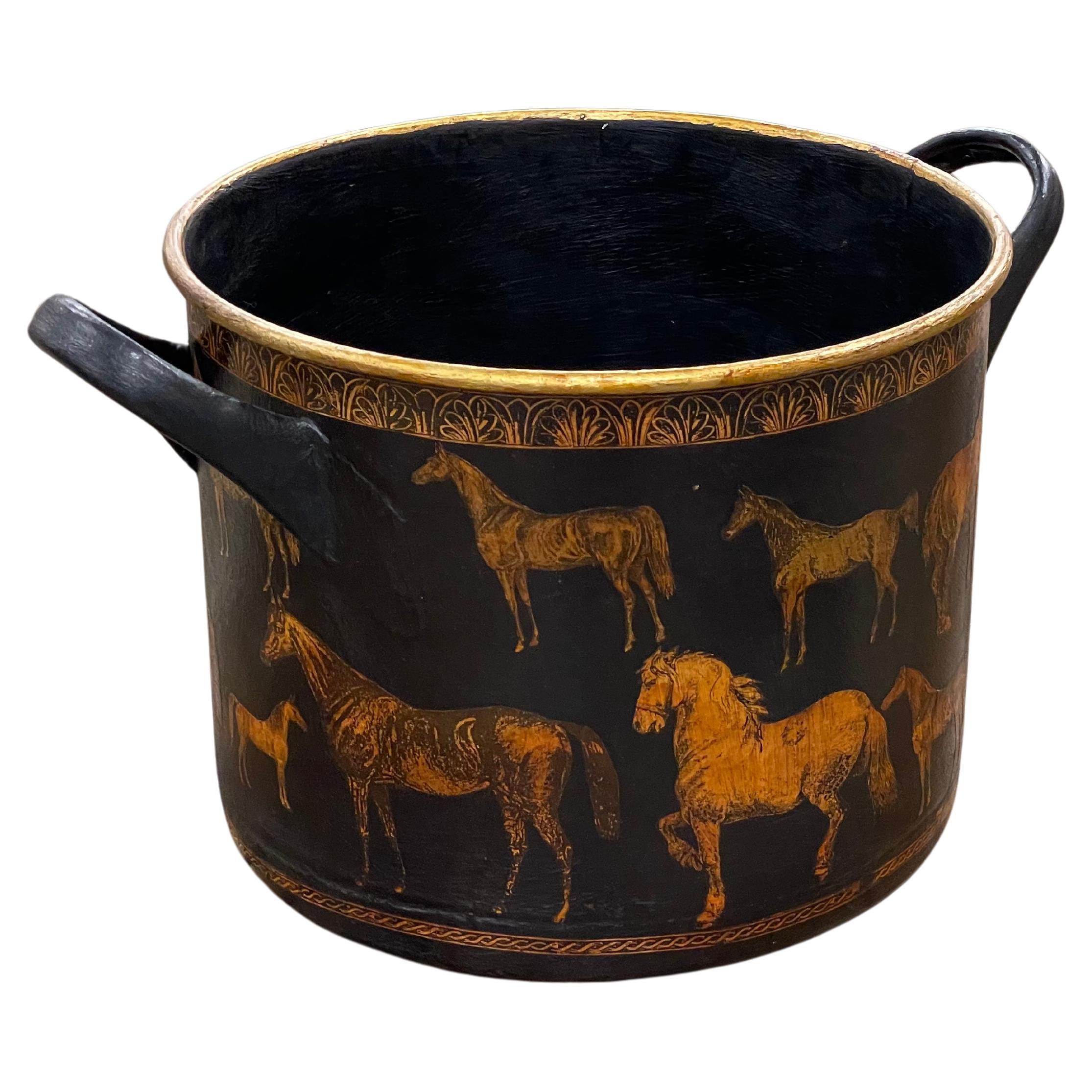 Vintage Enamel Metal Pot With Recent Découpage For Sale at 1stDibs
