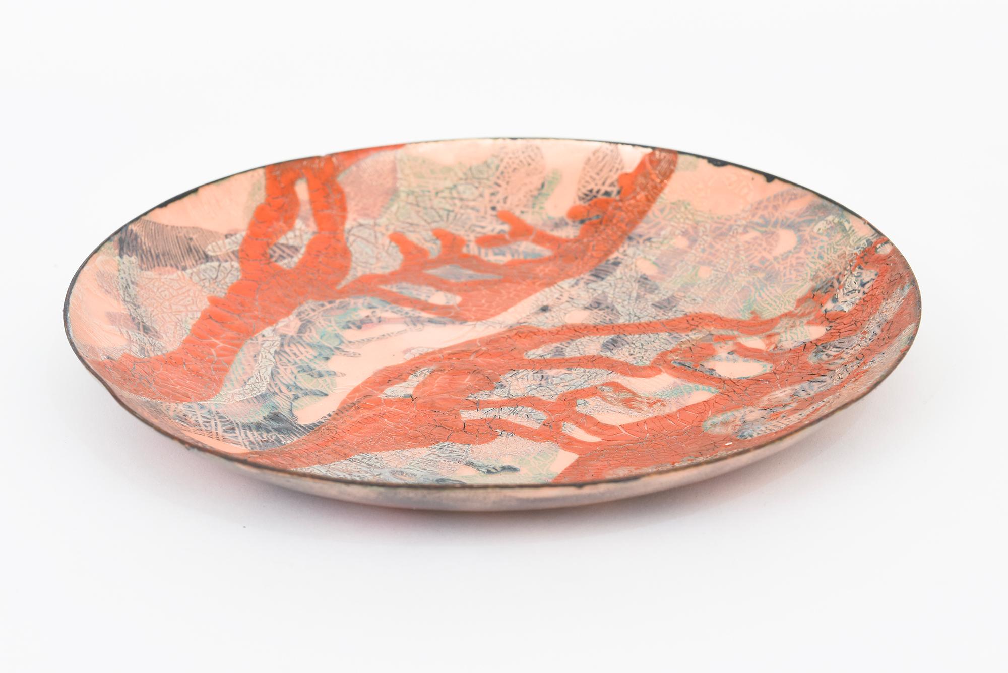 Vintage Enamel Over Copper Abstract Signed Bowl Burnt Orange, Blues ...