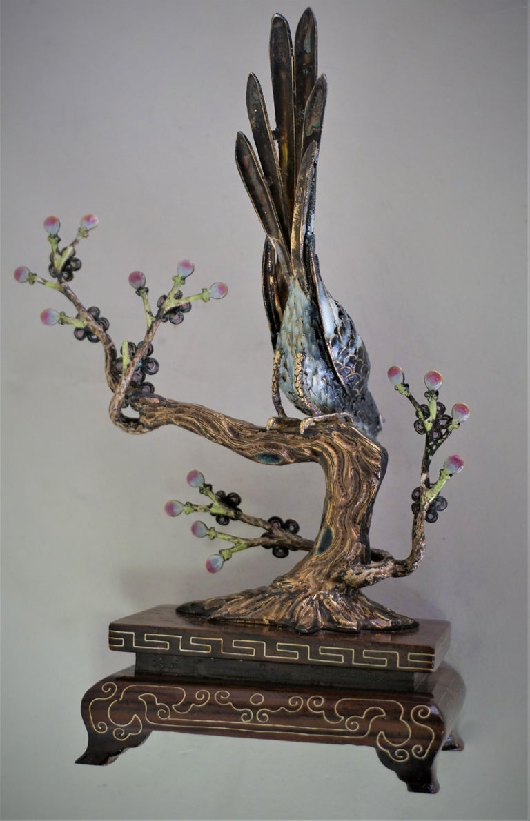 Vintage Enamel over Solid Silver Bird on Cherry Blooms Tree at 1stDibs