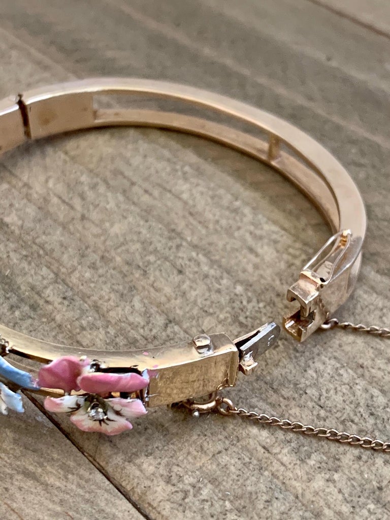 Vintage Enamel Pansy and Diamond 14 Karat Gold Bracelet at 1stDibs