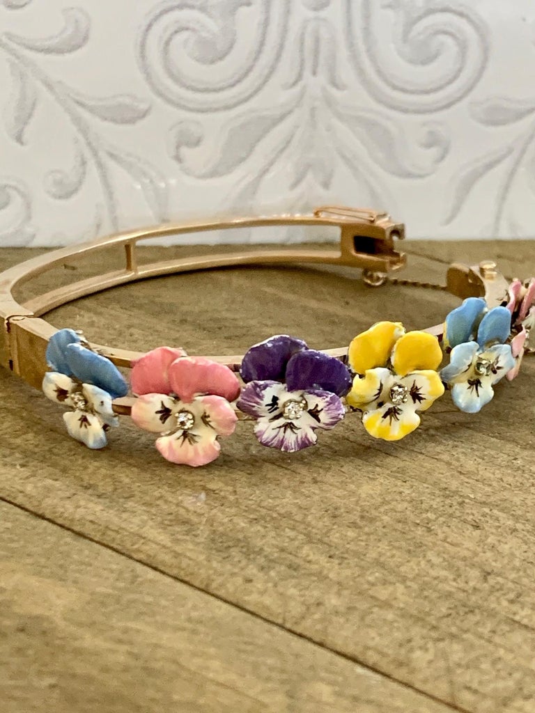Vintage Enamel Pansy and Diamond 14 Karat Gold Bracelet at 1stDibs
