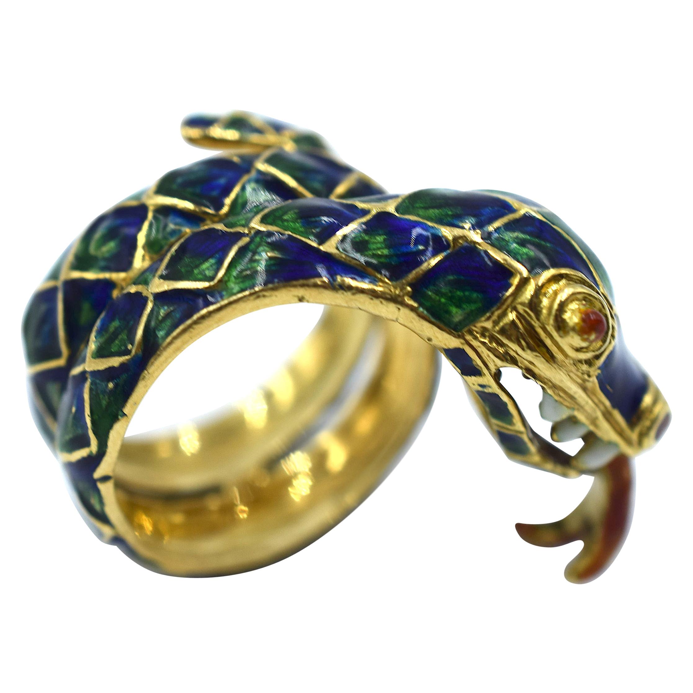 Vintage Enamel Snake Ring 18 Karat Yellow Gold at 1stDibs