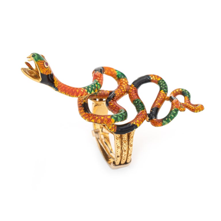 Vintage Enamel Snake Ring 18k Yellow Gold Large Coiled Serpent Cocktail ...