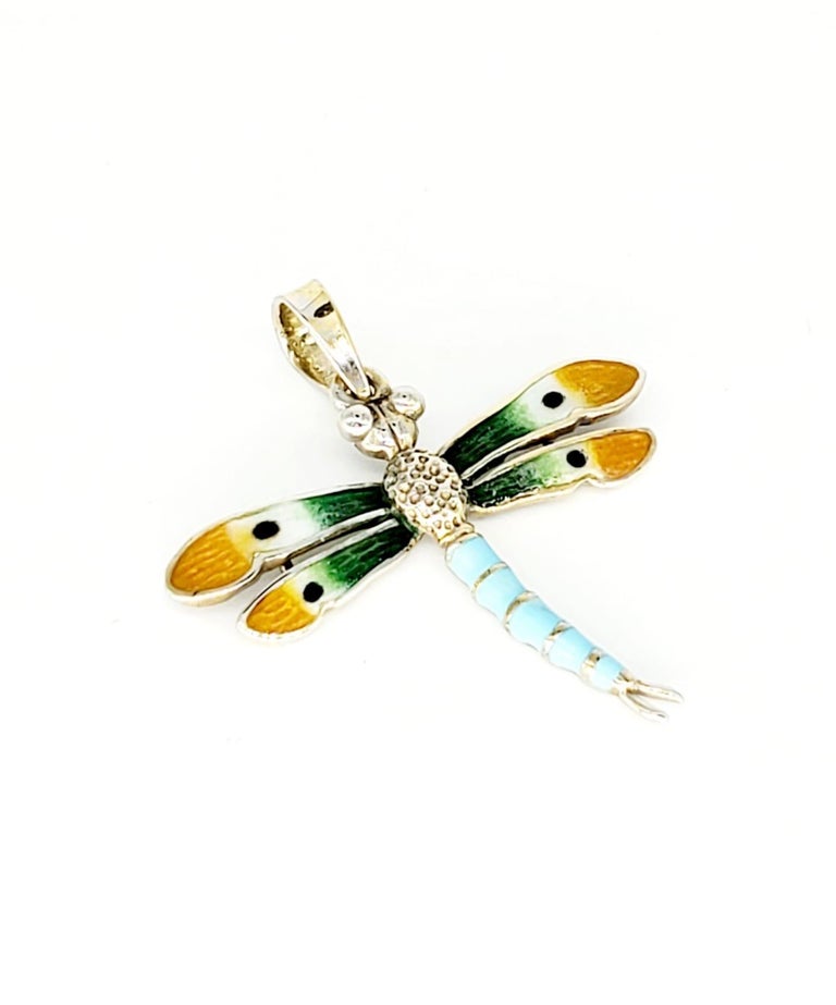 Vintage Enameled Turquoise Dragonfly Pendant 14 Karat Gold For Sale at ...