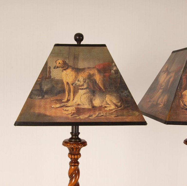 Vintage English Country Style Turned Oak Table Lamps Dogs Hunting Scene ...