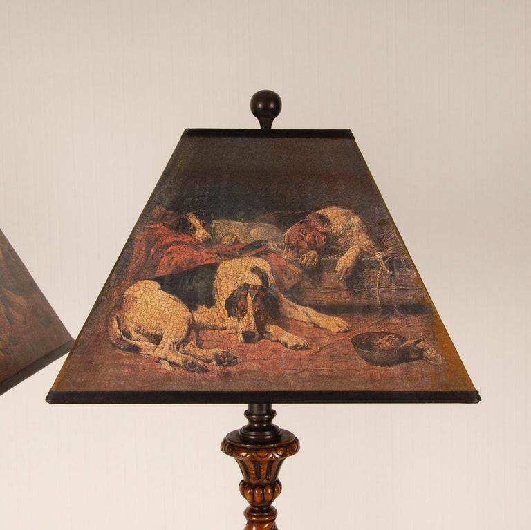 Vintage English Country Style Turned Oak Table Lamps Dogs Hunting Scene ...