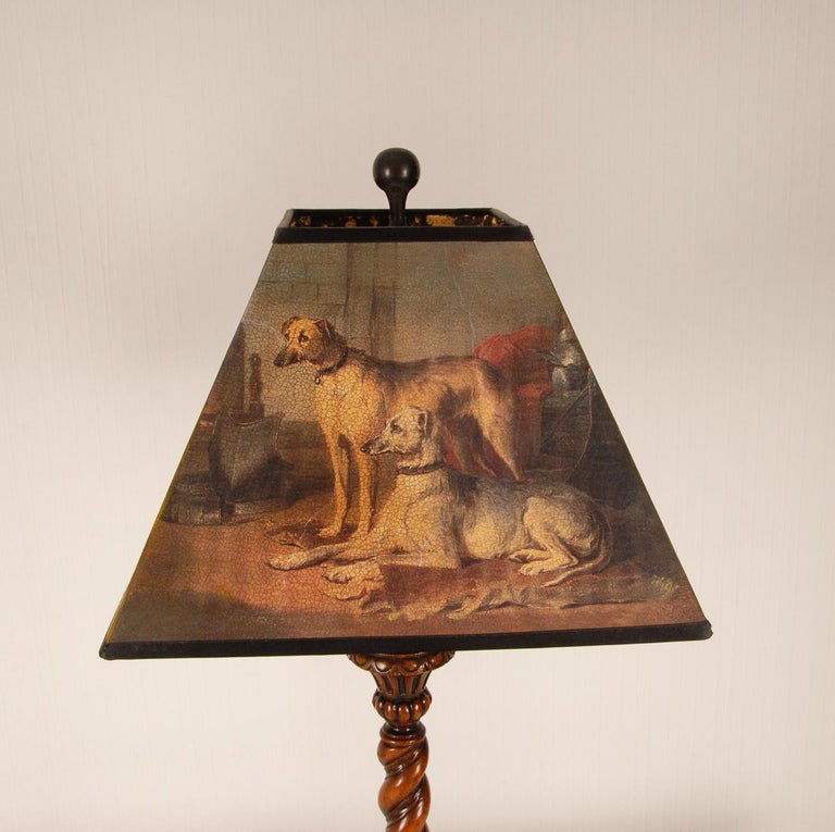 Vintage English Country Style Turned Oak Table Lamps Dogs Hunting Scene ...