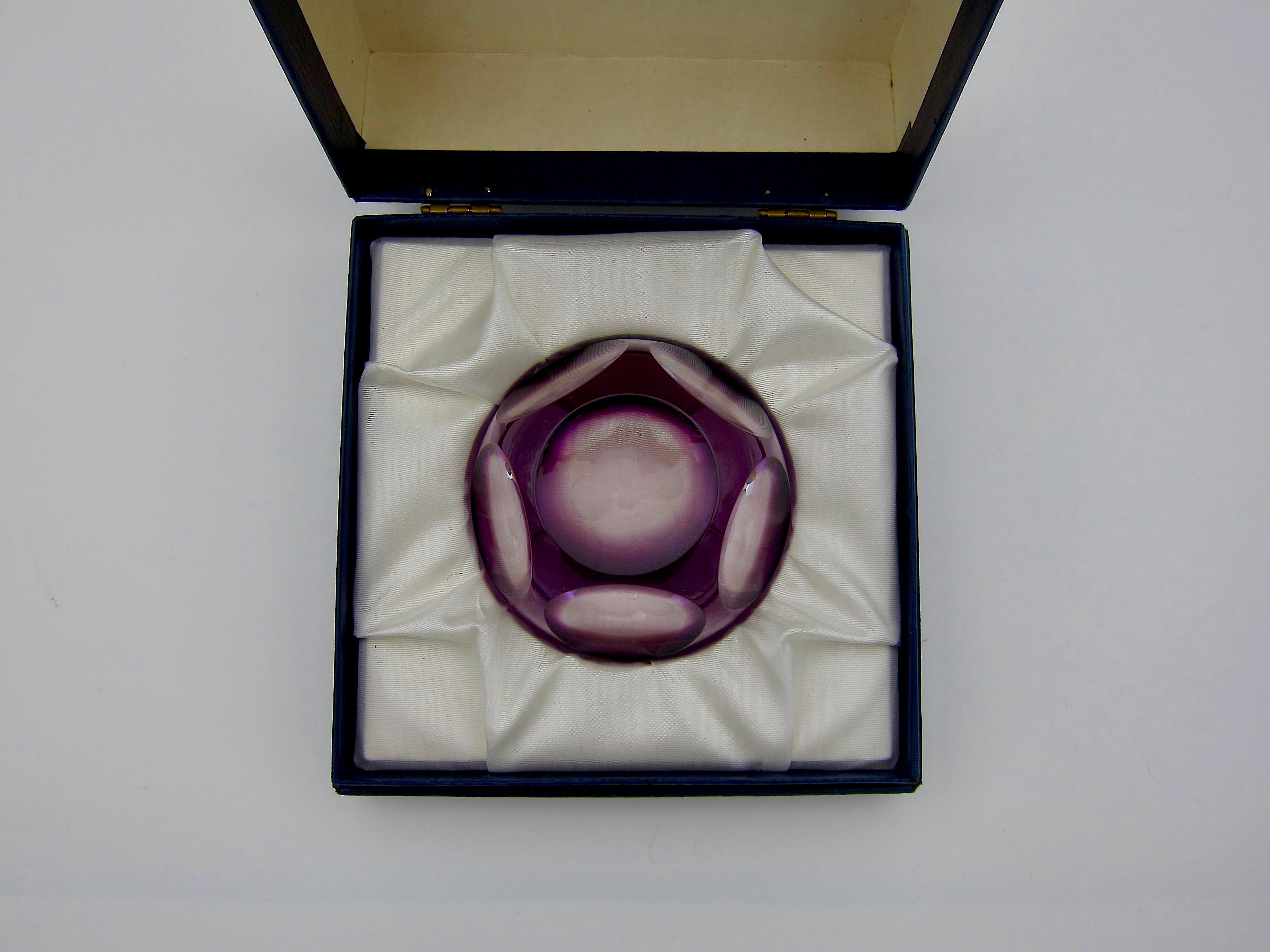 Vintage English Crystal Purple Overlay Paperweight with Engraved Flower ...