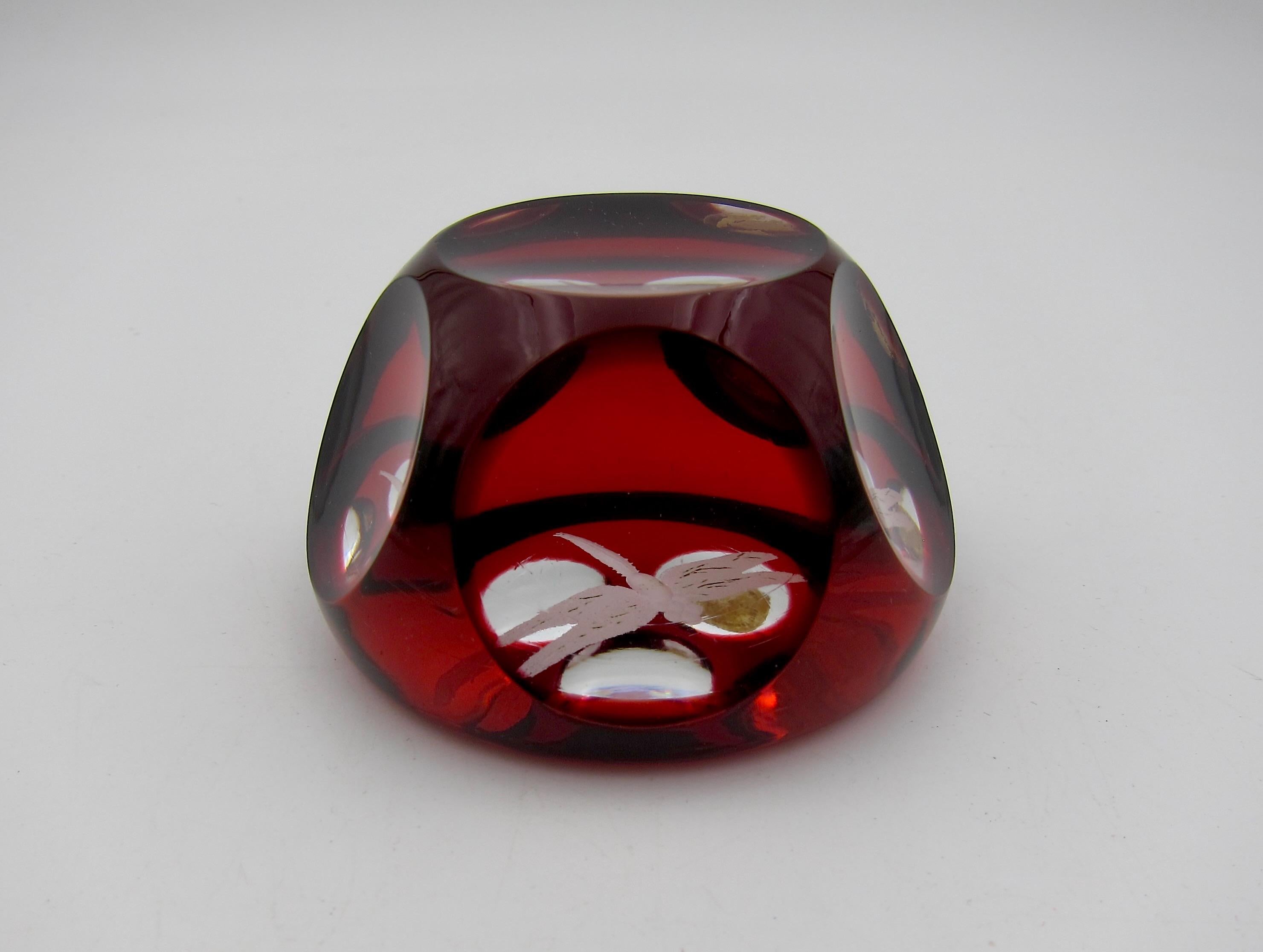 Vintage English Crystal Red Overlay Paperweight with Dragonfly in ...