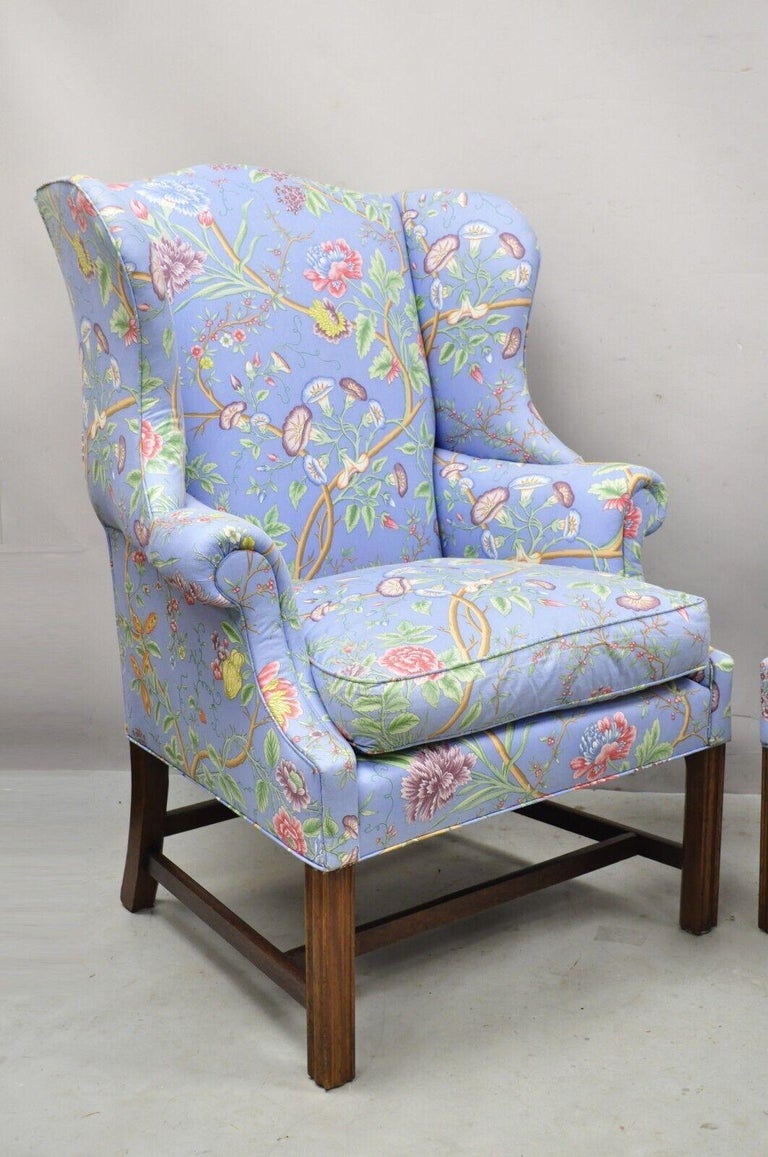 Vintage English Edwardian Style Mahogany Blue Floral Wingback Chairs ...