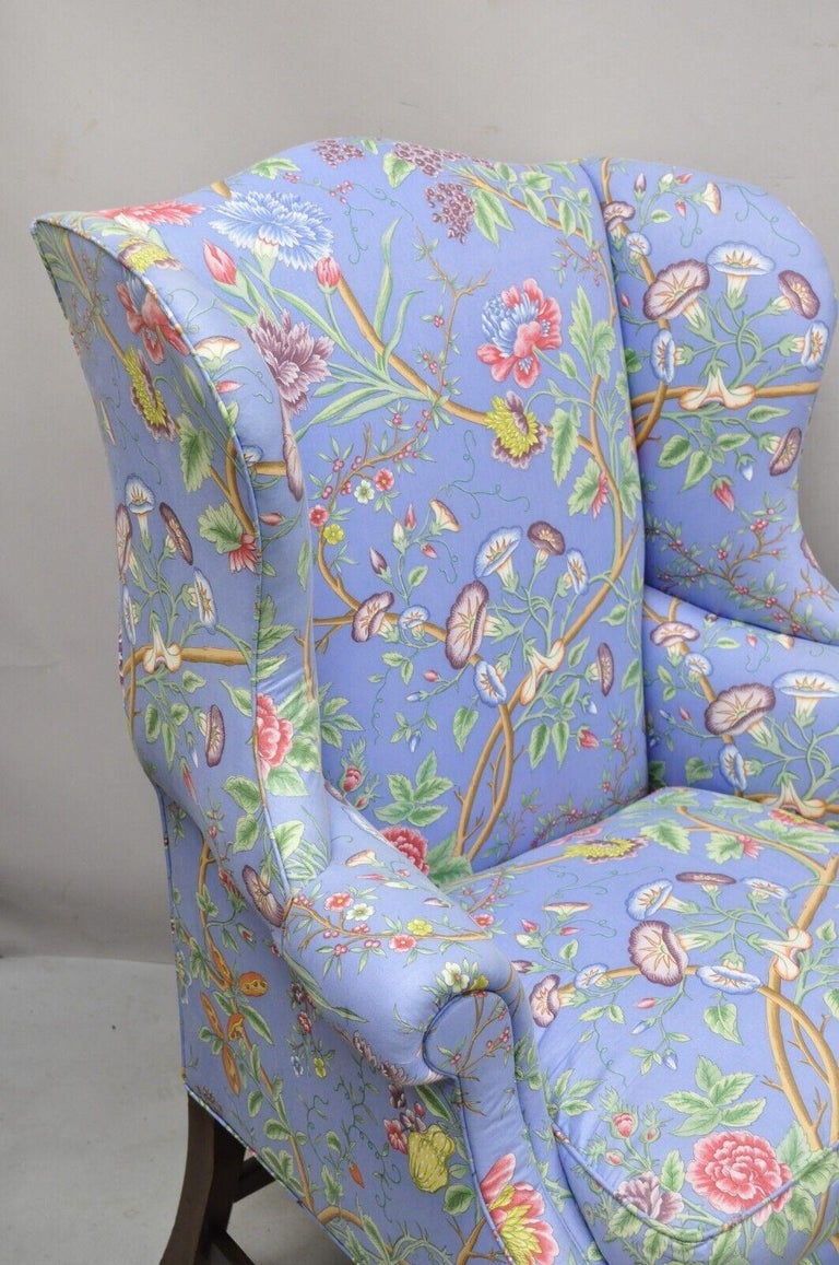 Vintage English Edwardian Style Mahogany Blue Floral Wingback Chairs ...