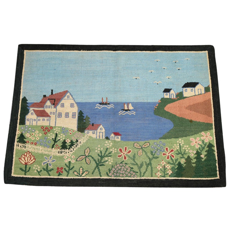 Vintage Newfoundland Grenfell Labrador Scenic Folk Art Hooked Area Rug ...