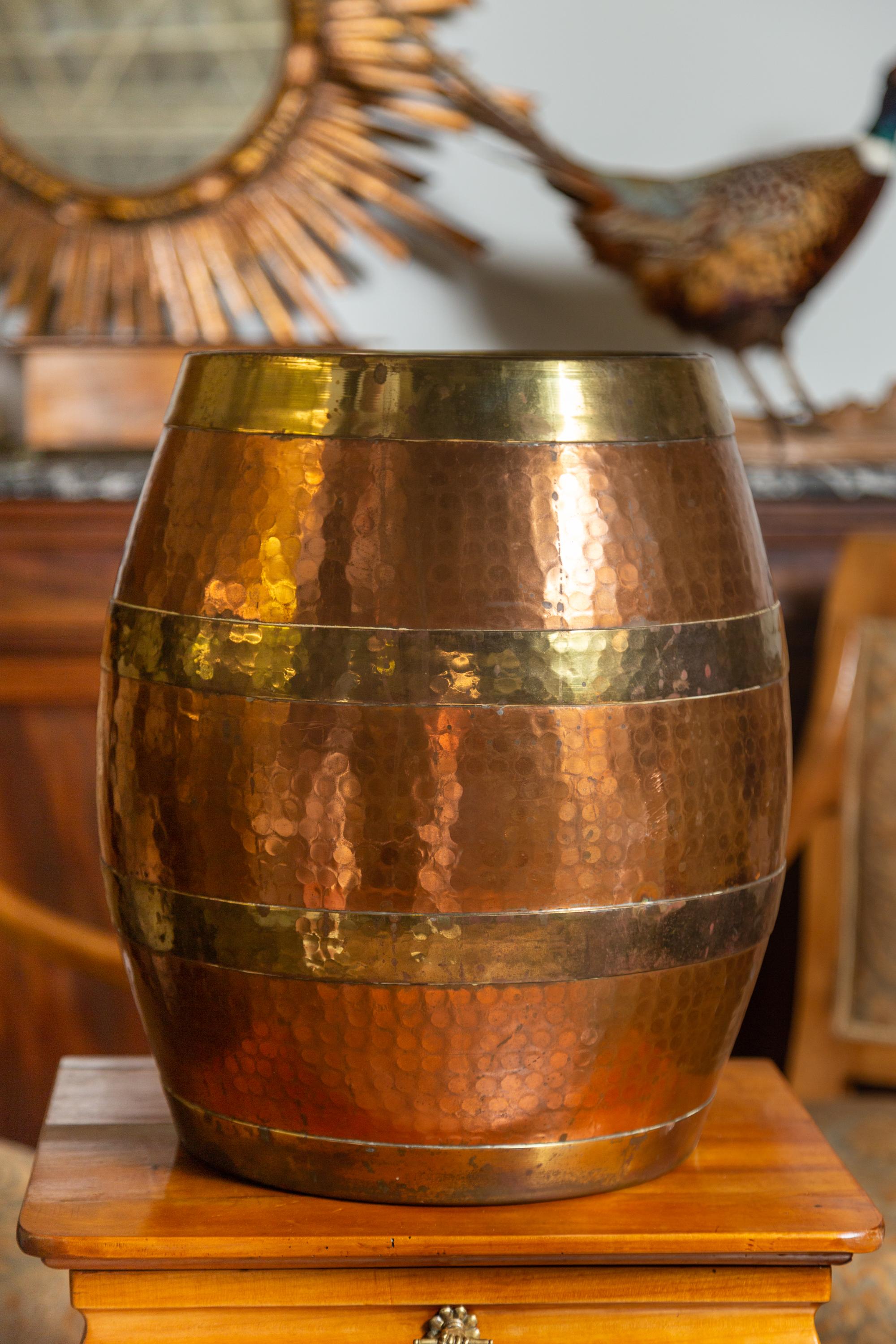 Vintage English Midcentury Copper Barrel with Horizontal Brass Braces ...