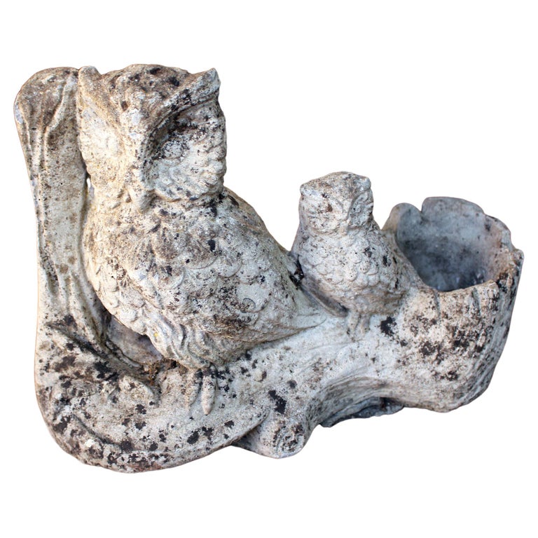 Vintage English Mother and Baby Owl Cast Stone Planter For Sale at 1stDibs