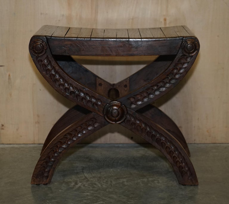 Vintage English Oak Jacobean Style Hand Carved Stool Part of a Large ...