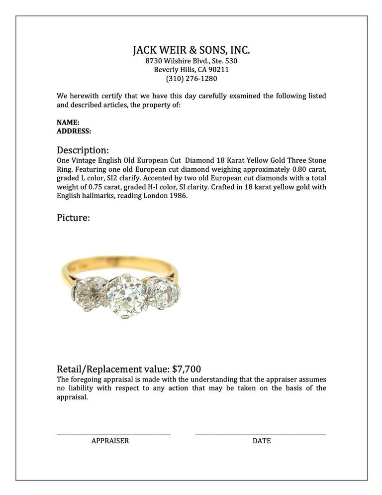 Vintage English Old European Cut Diamond 18K Gold Three Stone Ring For ...