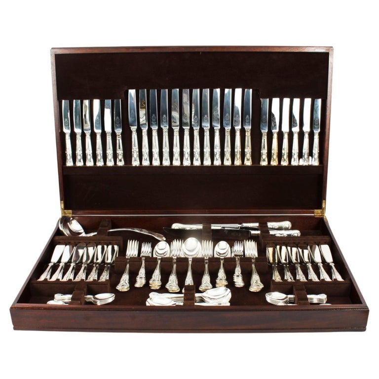 Vintage English Silver Plated Cased Kings Pattern Cutlery Set x 12 Mid ...