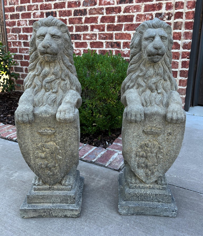 Vintage English Statues Garden Figures Lions Shield Cast Stone Pair 32 ...