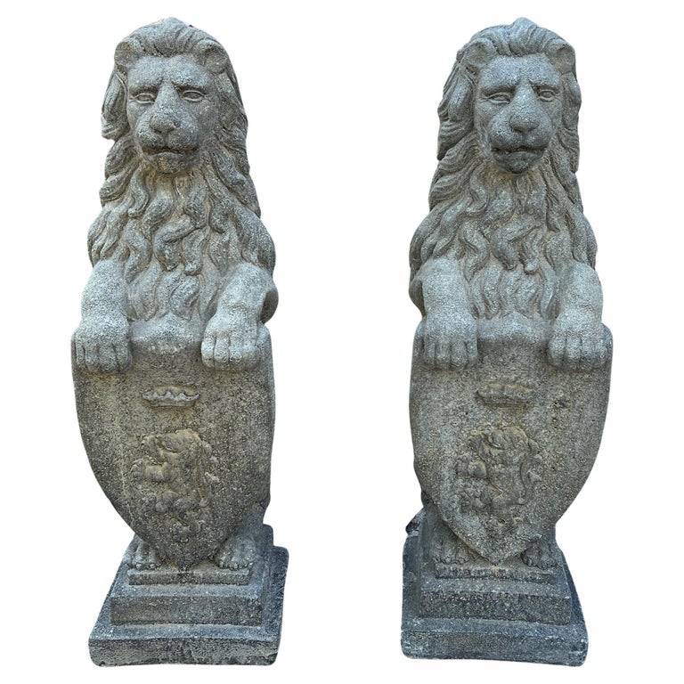 Vintage English Statues Garden Figures Lions Shield Cast Stone Pair 32 ...