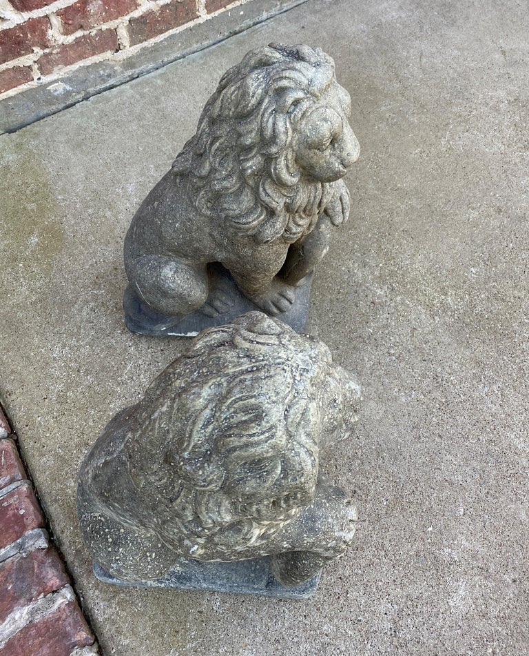 Vintage English Statues Garden Figures Seated Lions Cast Stone w ...