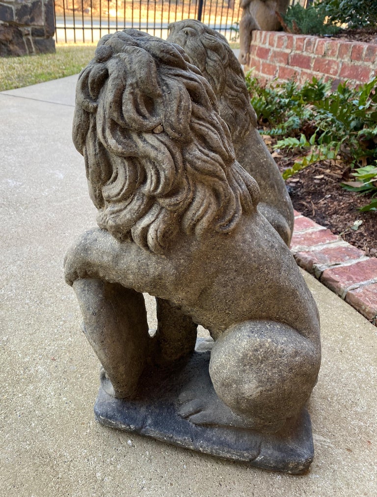 Vintage English Statues Garden Figures Seated Lions Cast Stone w ...