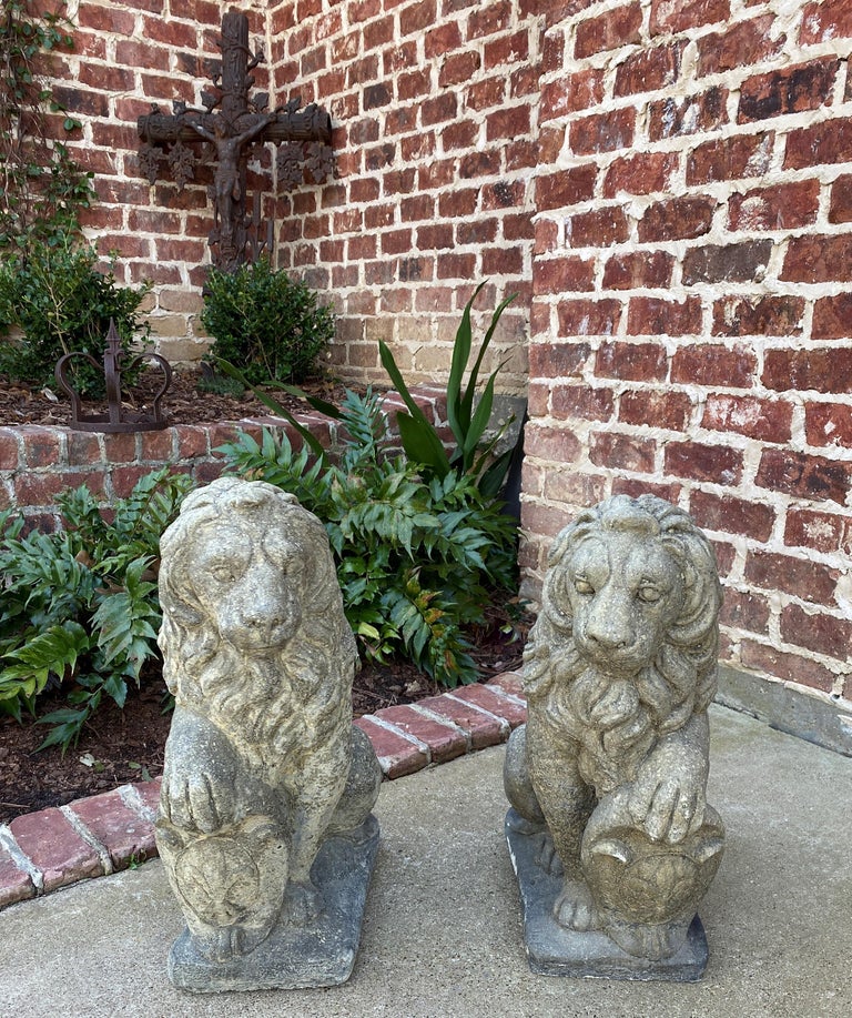 Vintage English Statues Garden Figures Seated Lions Cast Stone w ...