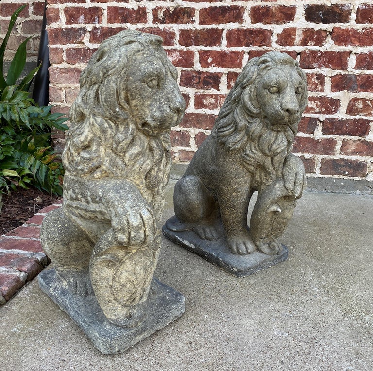 Vintage English Statues Garden Figures Seated Lions Cast Stone w ...