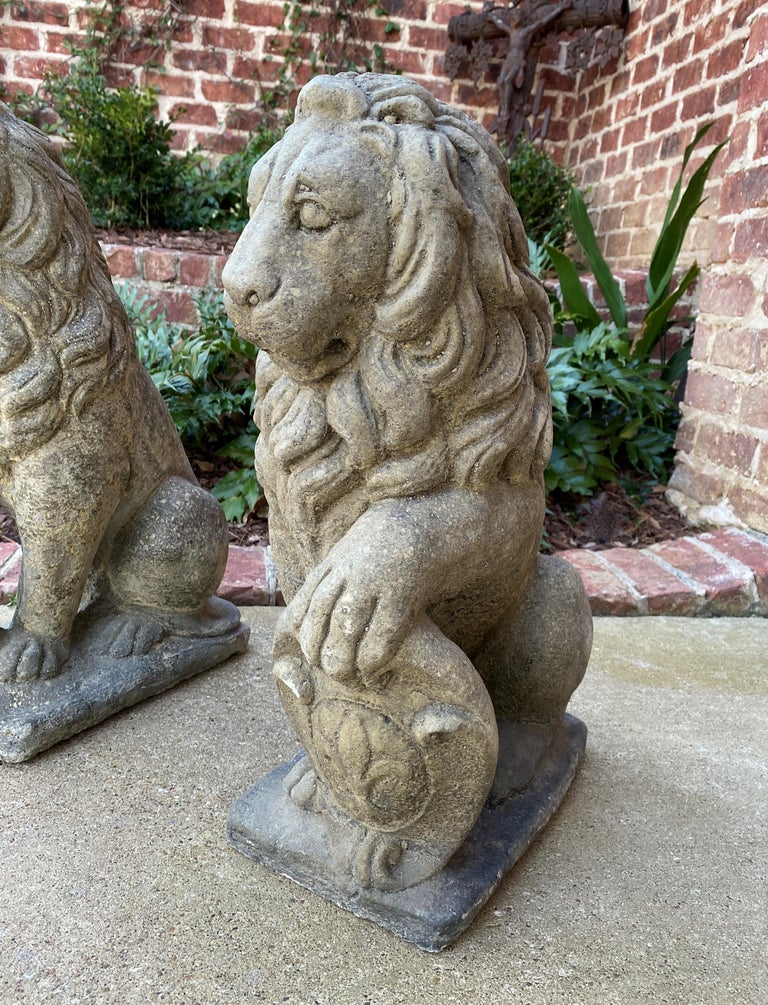 Vintage English Statues Garden Figures Seated Lions Cast Stone w ...