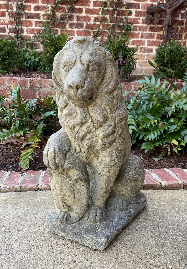 Vintage English Statues Garden Figures Seated Lions Cast Stone w ...