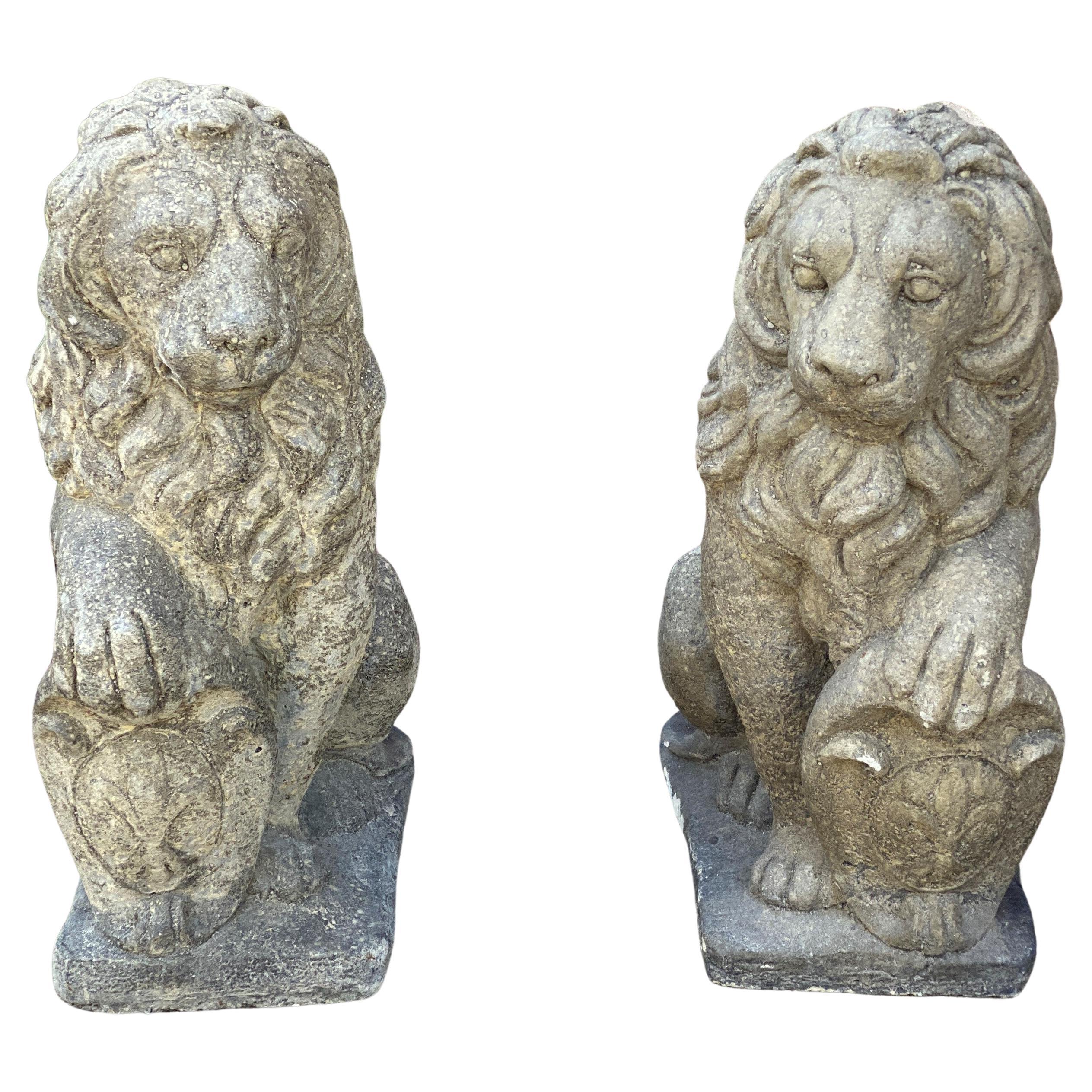 Vintage English Statues Garden Figures Seated Lions Cast Stone w ...