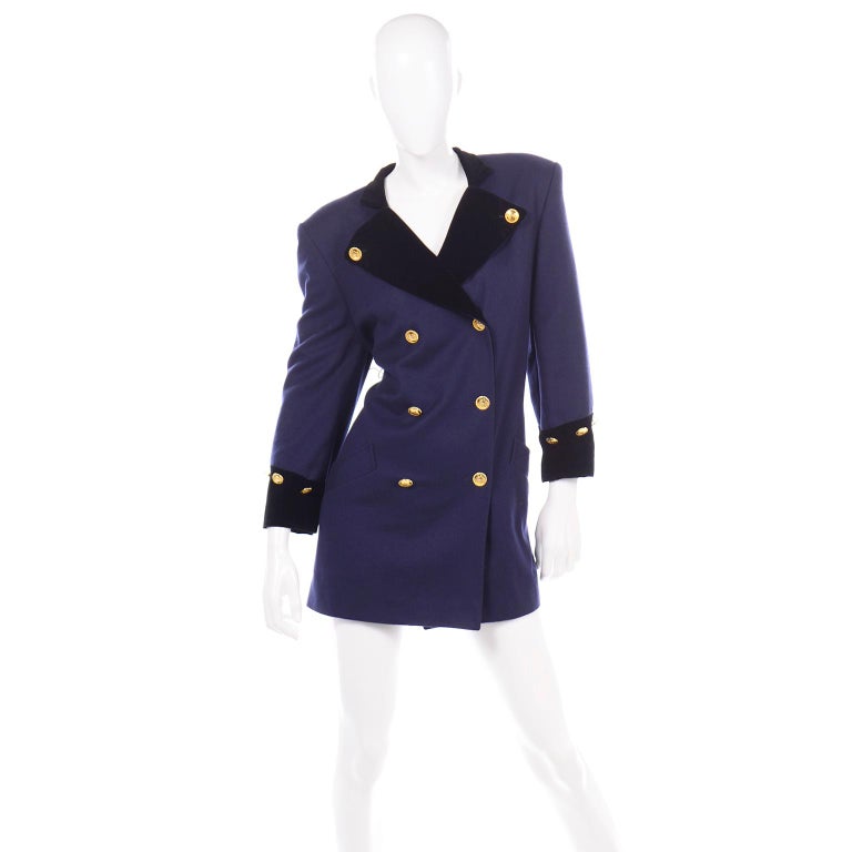 Vintage Escada Blue and Black Long Cashmere Wool Blazer Jacket by ...