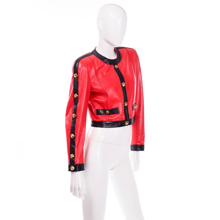 Vintage Escada Red and Black Leather Jacket With Gold Studs by ...