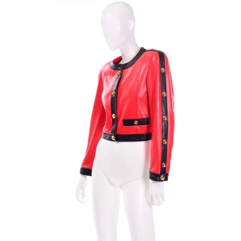 Vintage Escada Red and Black Leather Jacket With Gold Studs by ...