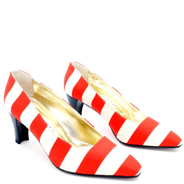 Vintage Escada Red and White Striped Shoes With Black Patent Leather ...