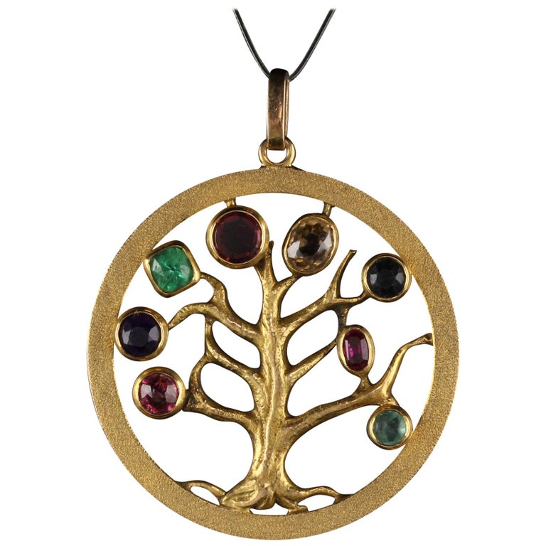 Vintage Estate 14 Karat Yellow Gold Multi Gemstone Tree Pendant at 1stDibs