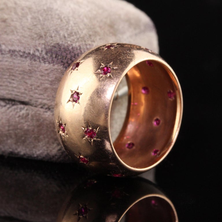 Vintage Estate 14K Rose Gold Ruby Star Pattern Wide Wedding Band at 1stDibs